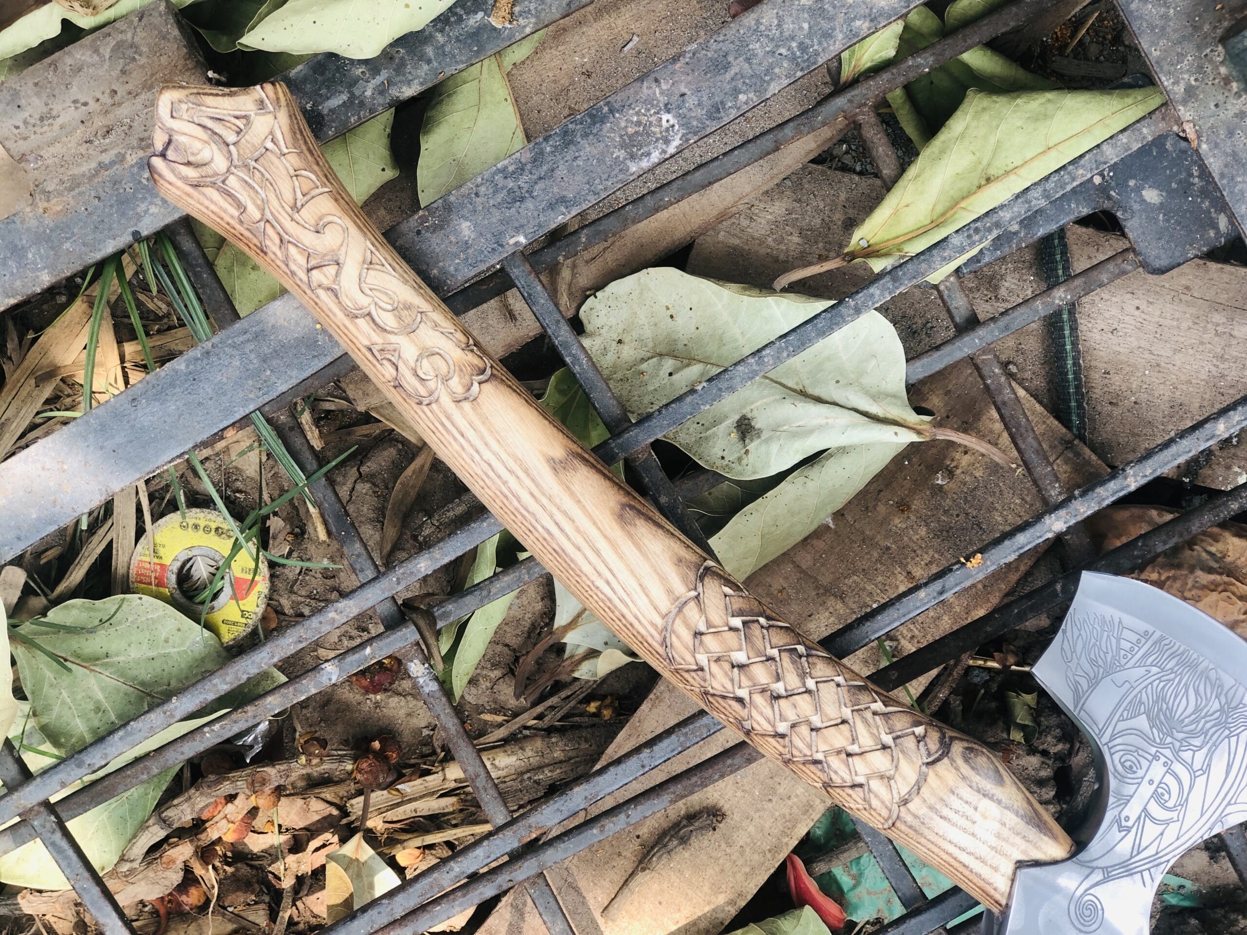 18 Inches Damascus Steel Handmade Axe Engraved Wood Handle