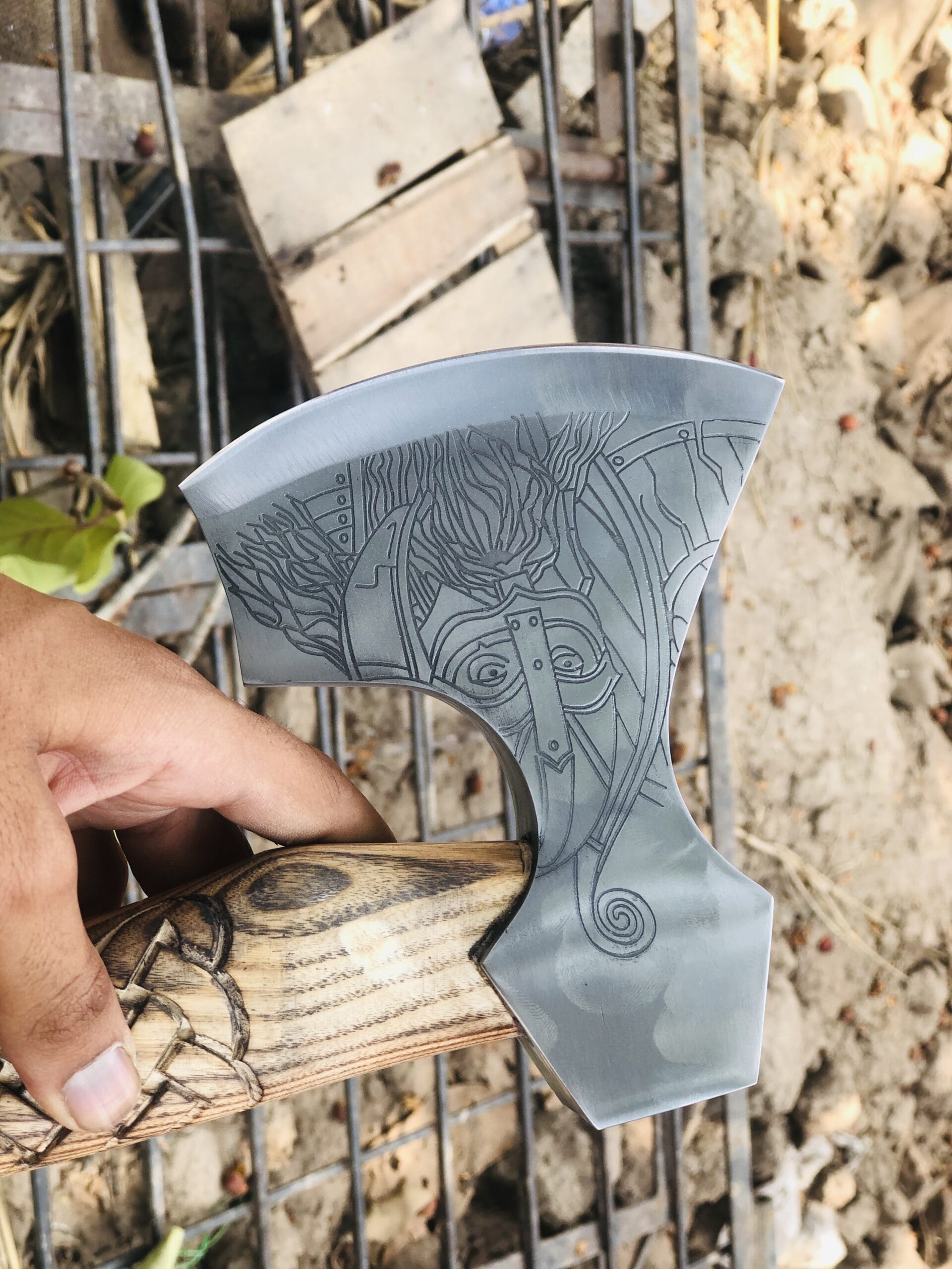 18 Inches Damascus Steel Handmade Axe Engraved Wood Handle