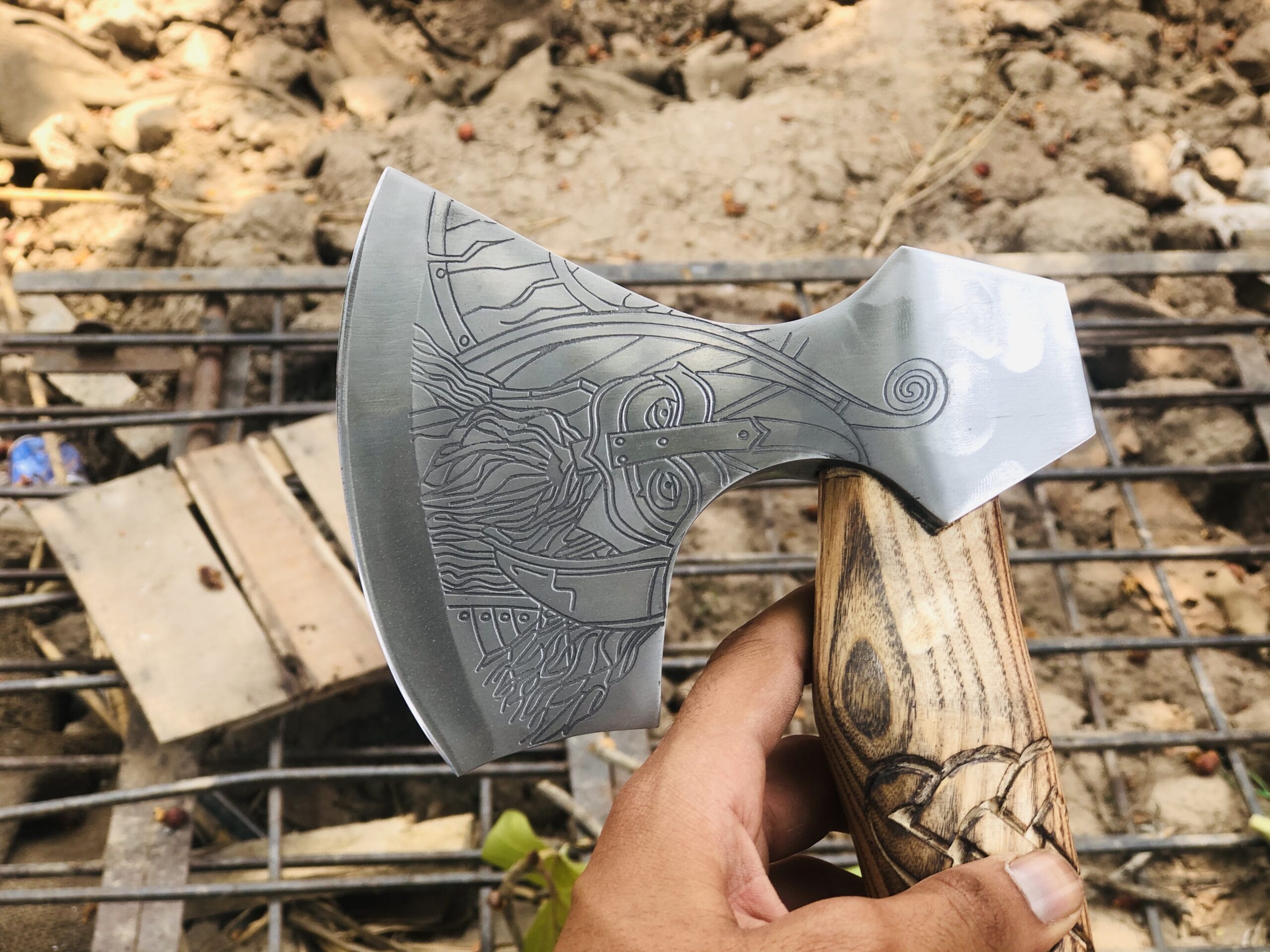18 Inches Damascus Steel Handmade Axe Engraved Wood Handle