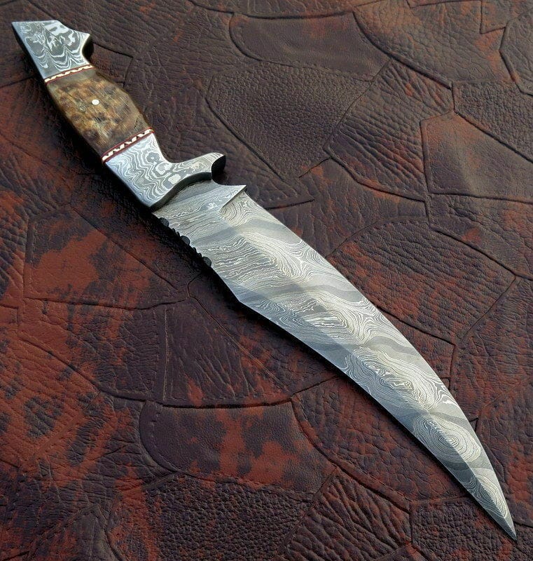 16 Inches Handmade Damascus Steel Tactical/Medieval Dagger With Burned ...