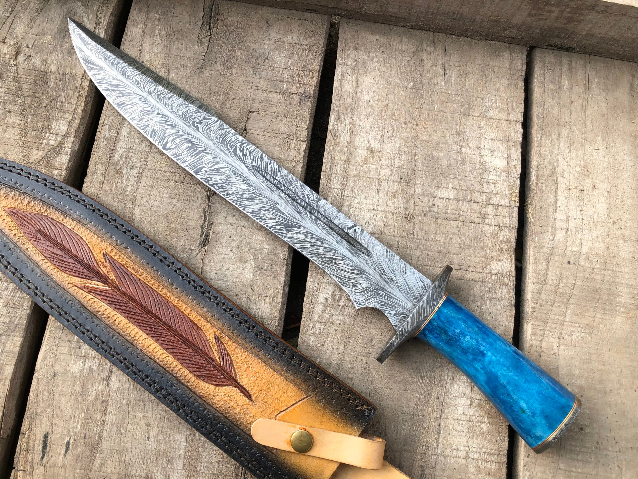 14 inches Feather Damascus Steel Beautiful Knife Blue Resin Micarta ...