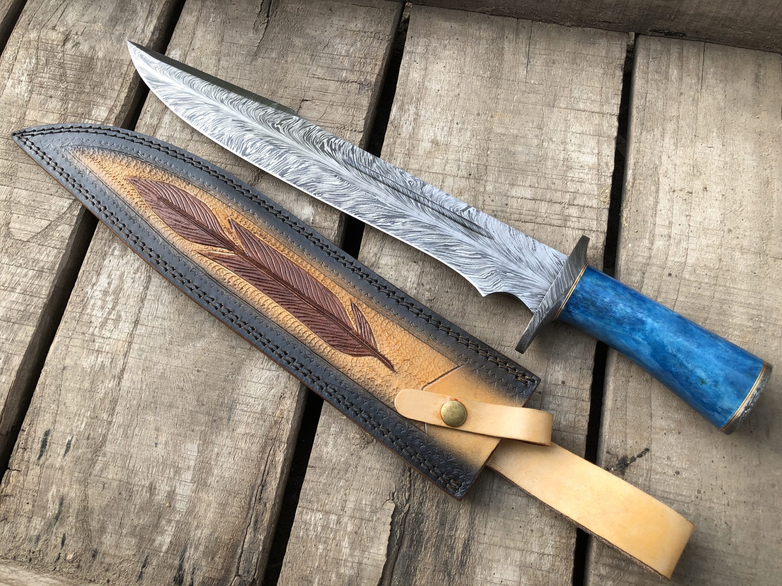 14 inches Feather Damascus Steel Beautiful Knife Blue Resin Micarta ...