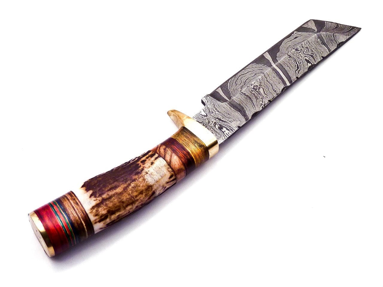 Handmade Damascus Steel Hunting knife Handle Deer Antler with leather ...
