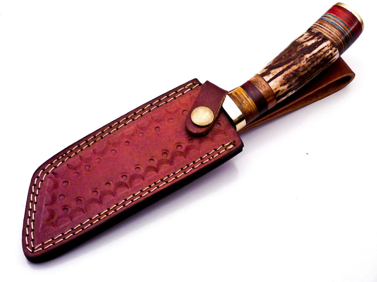 Handmade Damascus Steel Hunting knife Handle Deer Antler with leather ...