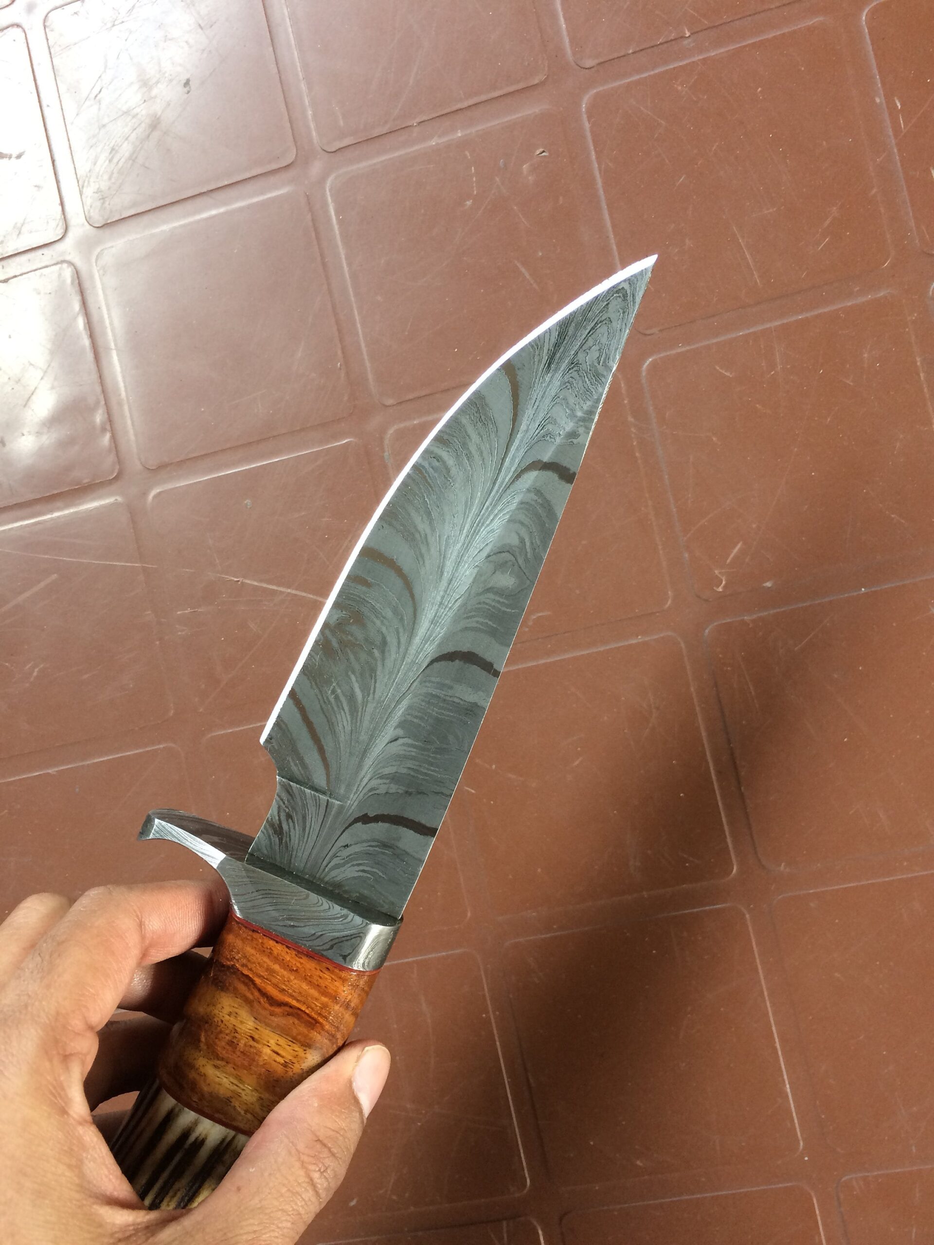 11 inches feather Damascus handmade knife with stag horn and wood handle