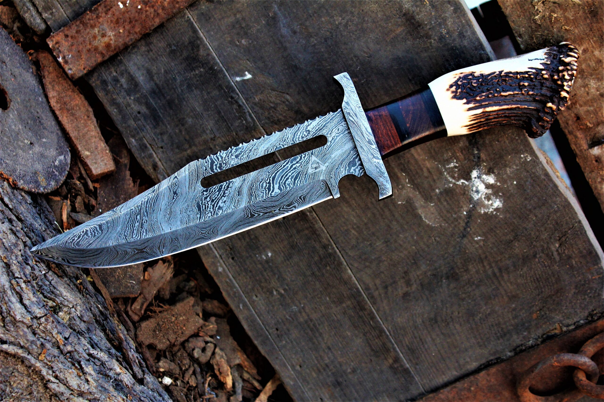 16 inches damascus steel bowie knife with stag horn and leather stack ...
