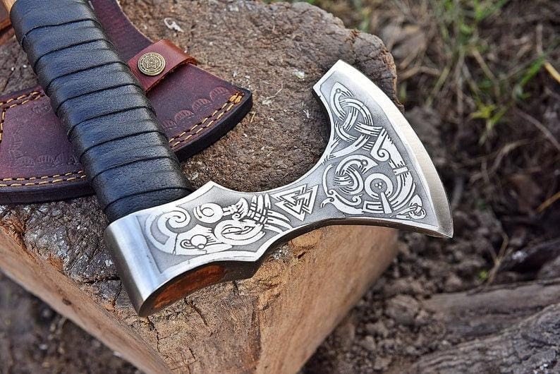 Custom handmade Viking axe etched hunting axe with goat leather wrapped
