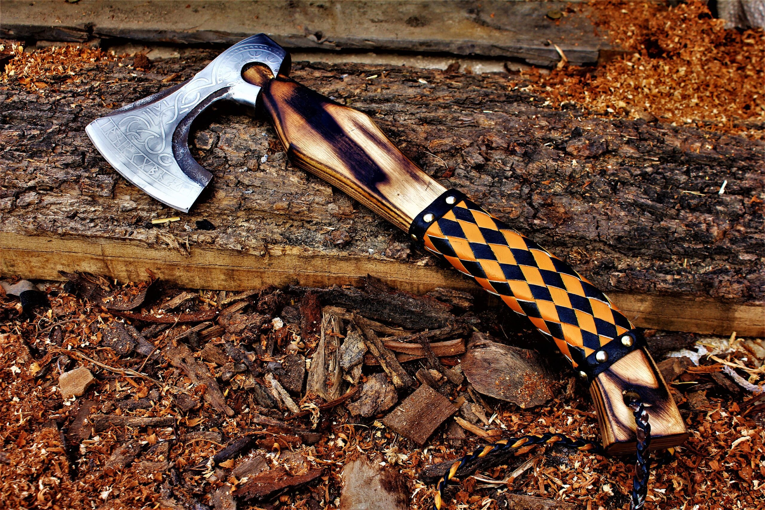 Handmade Viking Hunting Axe Yellow Colored leather Wrap