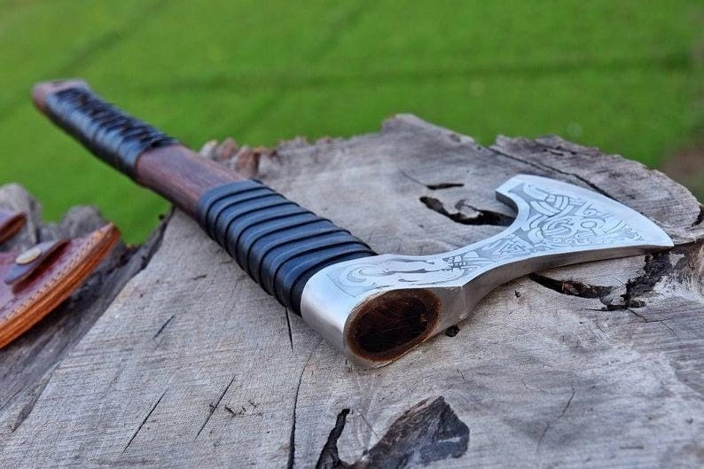 Custom handmade Viking axe etched hunting axe with goat leather wrapped