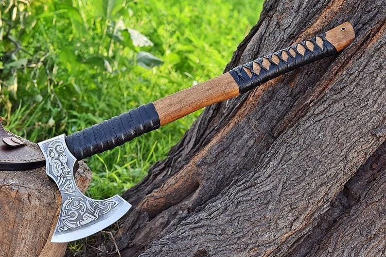 Custom handmade Viking axe etched hunting axe with goat leather wrapped